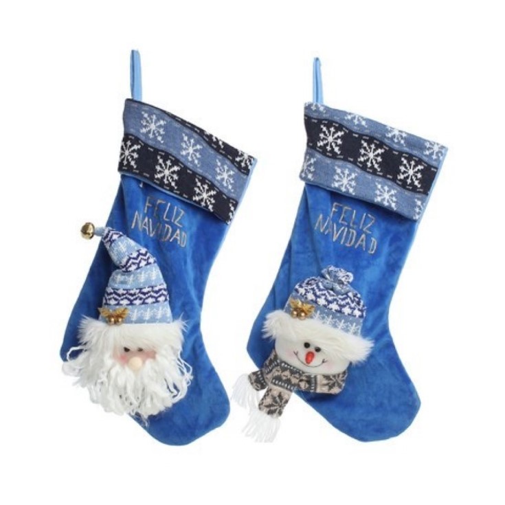 Bota Navidena Santa Hnieve Azul Dorado 100%Poliest ...